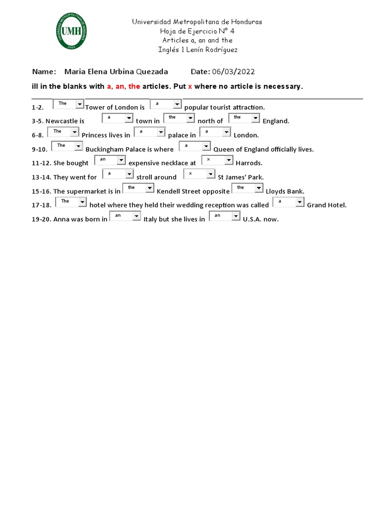 Exercise 4 Articles A An And The Pdf