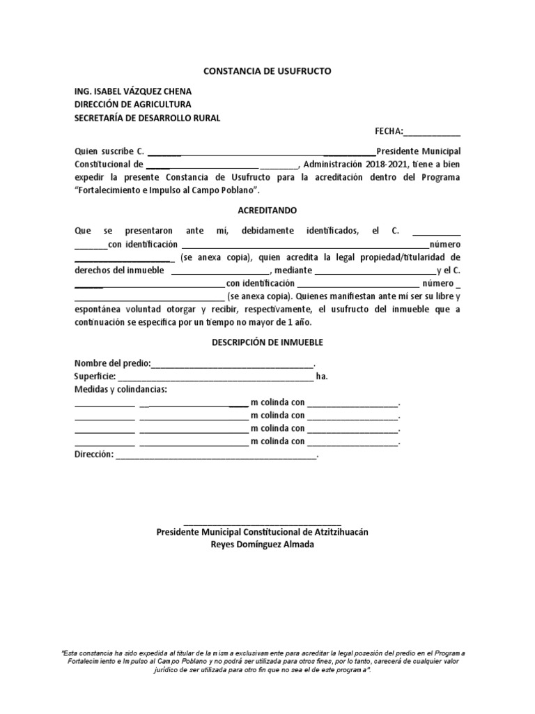 Constancia de Usufructo Editable | PDF | Ley de Propiedad | Propiedad