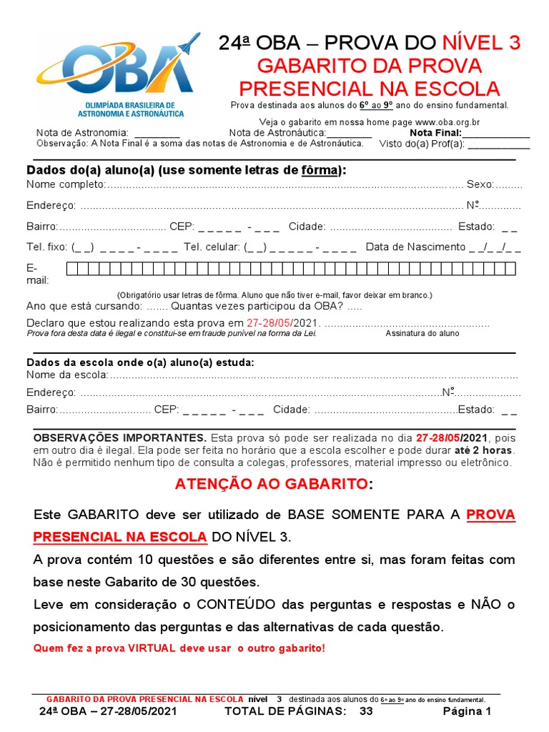 GABARITO DA PROVA IMPRESSA DO NÍVEL 3 Da 24 OBA de 2021 | PDF