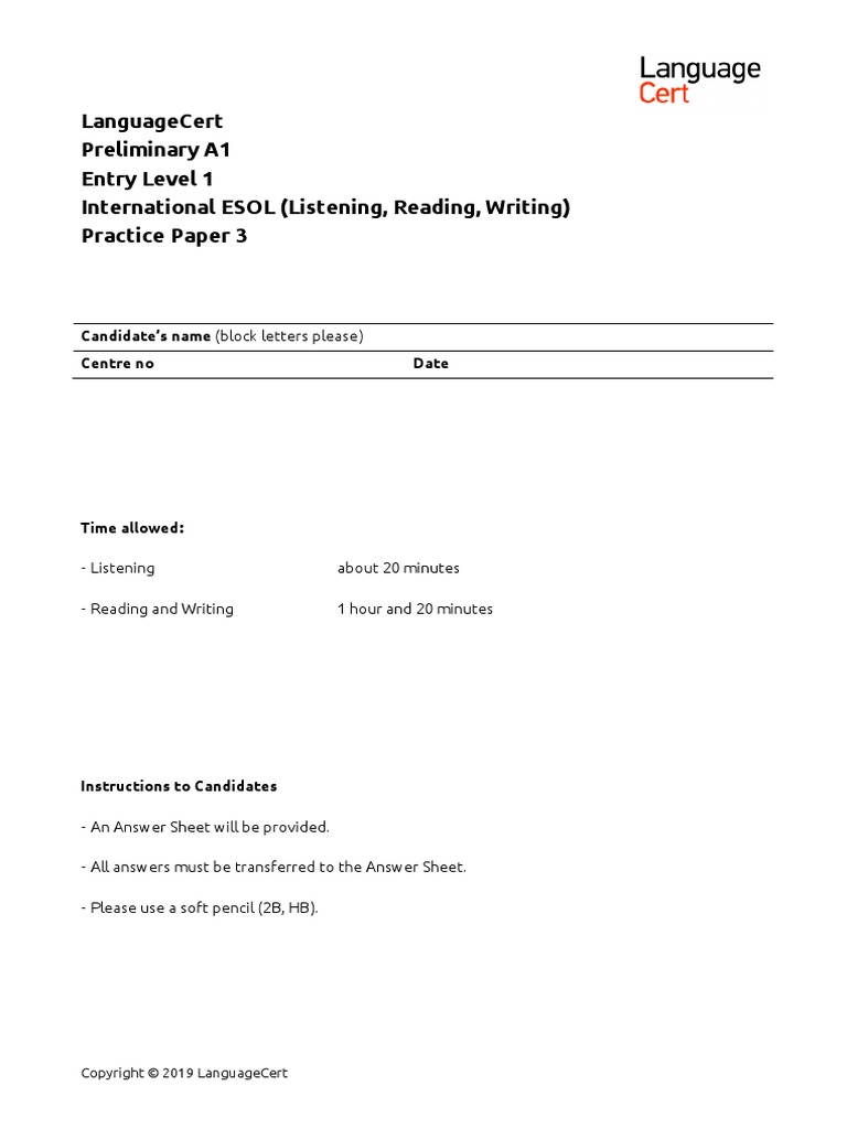 Languagecert Preliminary A1 Entry Level 1 International Esol (Listening ...