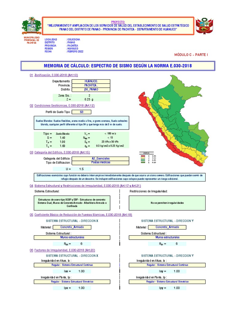 Memoria de Cálculo: Espectro de Sismo Según La Norma E.030-2018 | PDF | Materiales de ...