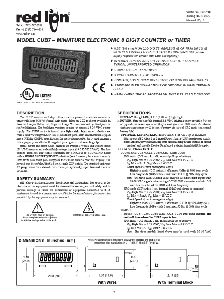 Specification Sheet for the Red Lion Controls Model CUB7 Miniature ...