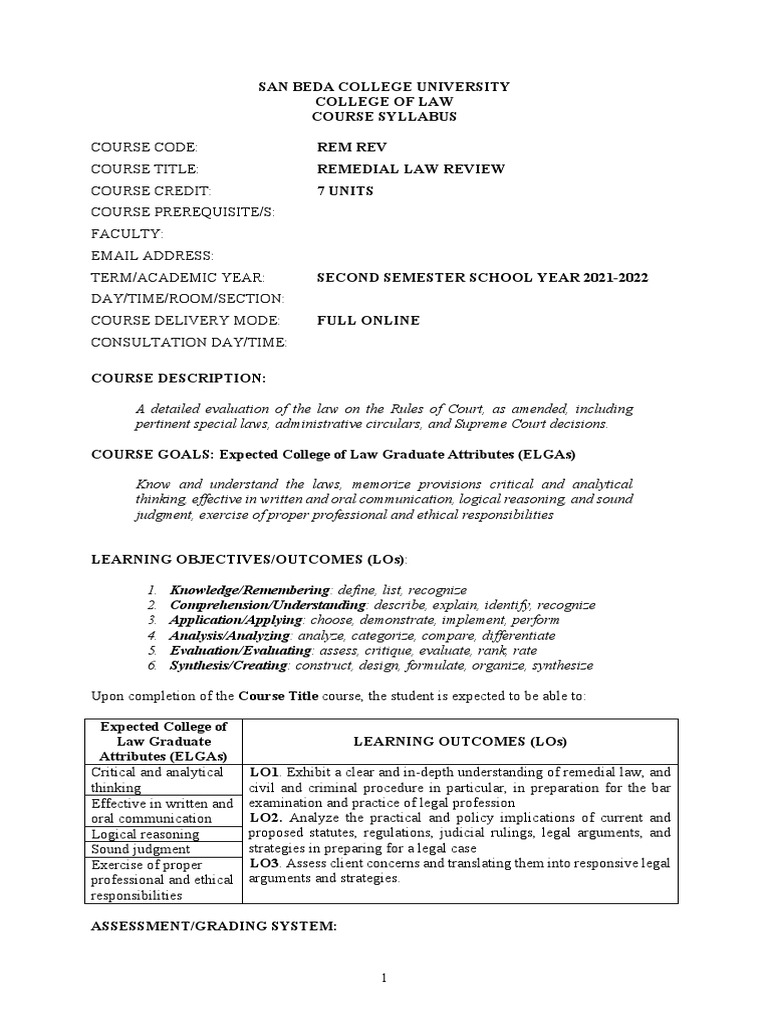 Remedial Law Review Syllabus (2022) | PDF | Default Judgment | Pleading