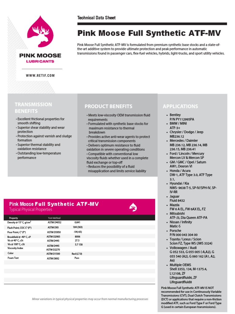 PinkMoose Full Syn. ATF MV TECH | PDF | Motor Vehicle | Automotive ...
