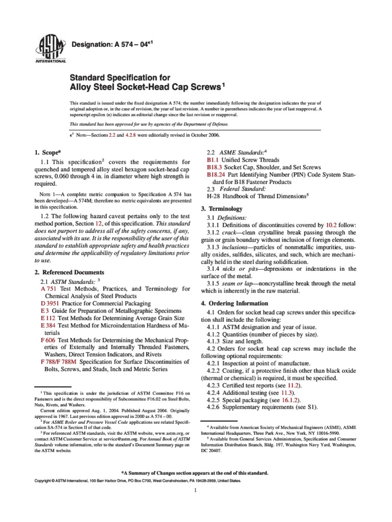 ASTM A574-04 - Standard Specification For Alloy Steel Socket-Head Cap ...