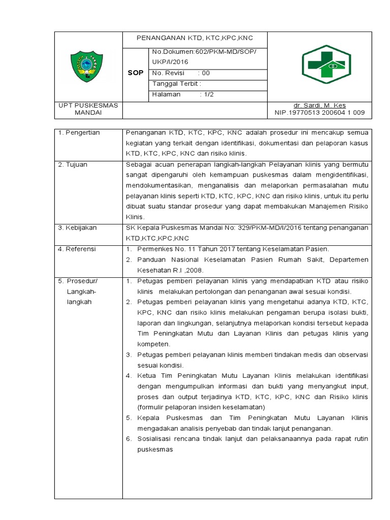 9.1.1. Ep 6 Sop Penanganan KTD, KTC, KPC, KNC | PDF