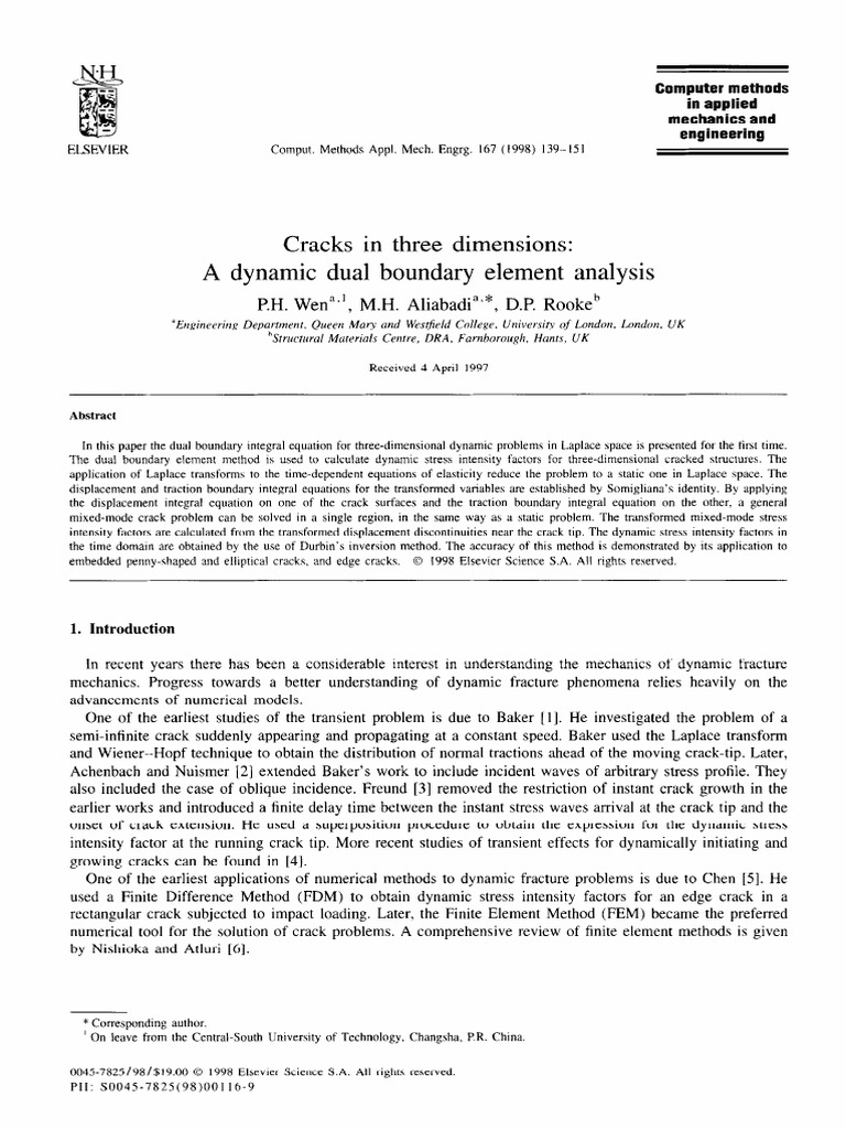 P. Wen, M. Aliabadi, D. Rooke 1998. Cracks in Three Dimensions. A Dynamic Dual Boundary Element ...