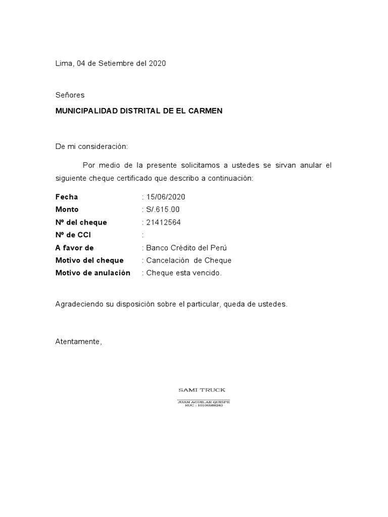 Carta Anulacion Cheque Certificado | PDF