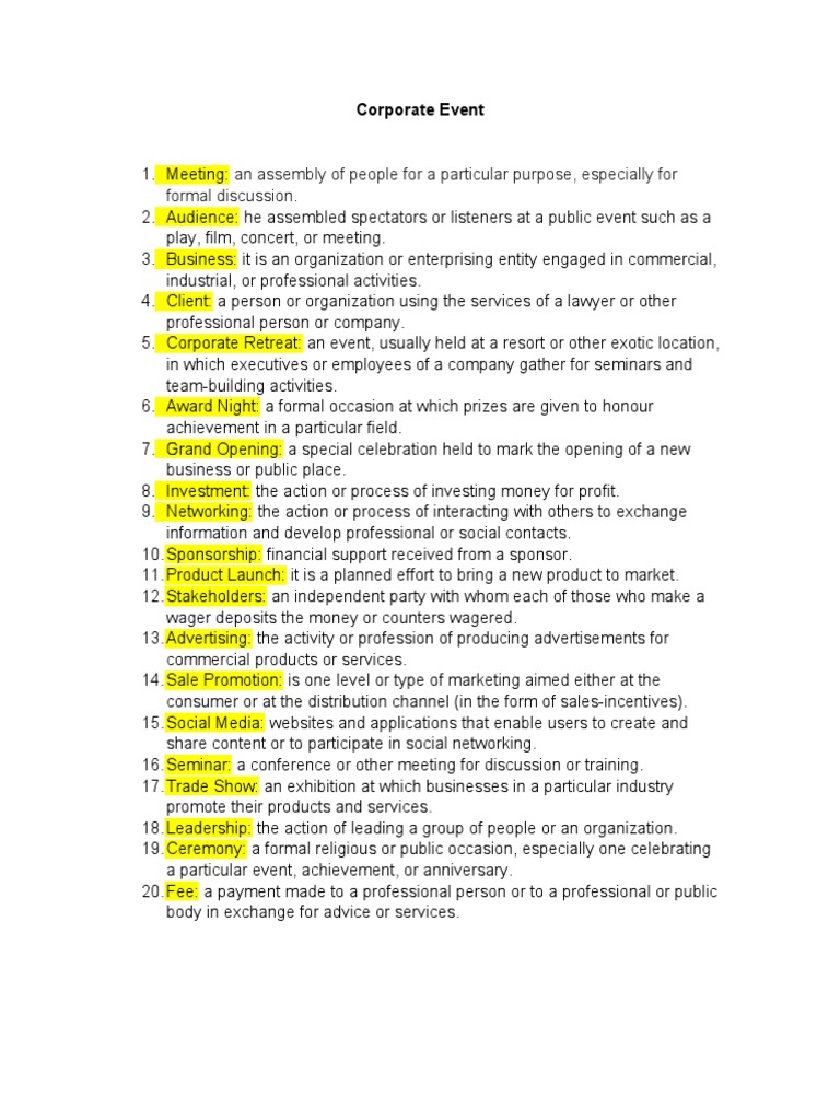 Vocabulary - Corporate Event | PDF