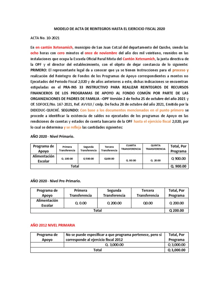 Acta de Reintegro 2020 | PDF | Bancos | Economias