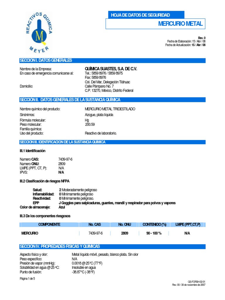 Mercurio Metal Tridestilado | PDF | Mercurio (Elemento) | Residuos