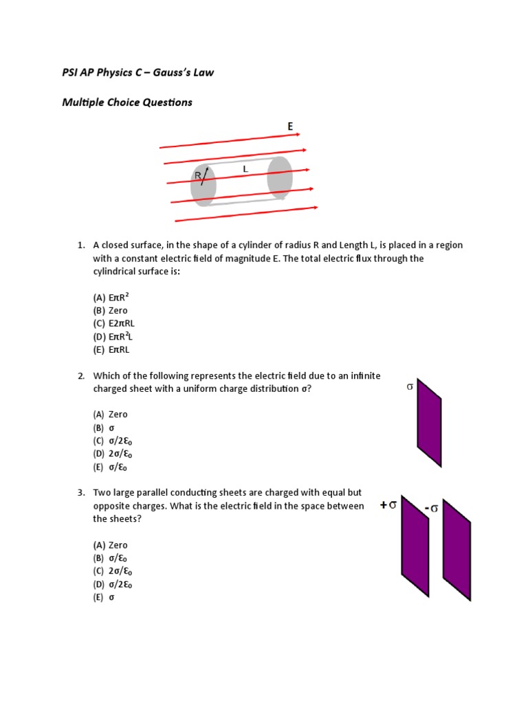 PSI AP Physics C - Gauss's Law Multiple Choice Questions | PDF | Electric Field | Sphere
