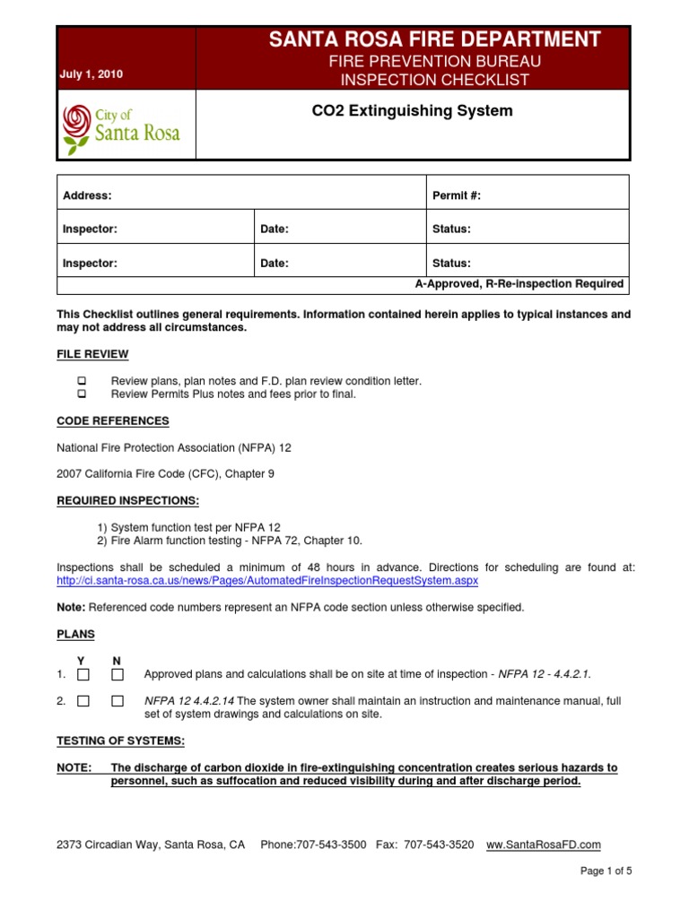 CO2 Extinguishing System Inspection Checklist PDF | PDF | Safety | Hazards