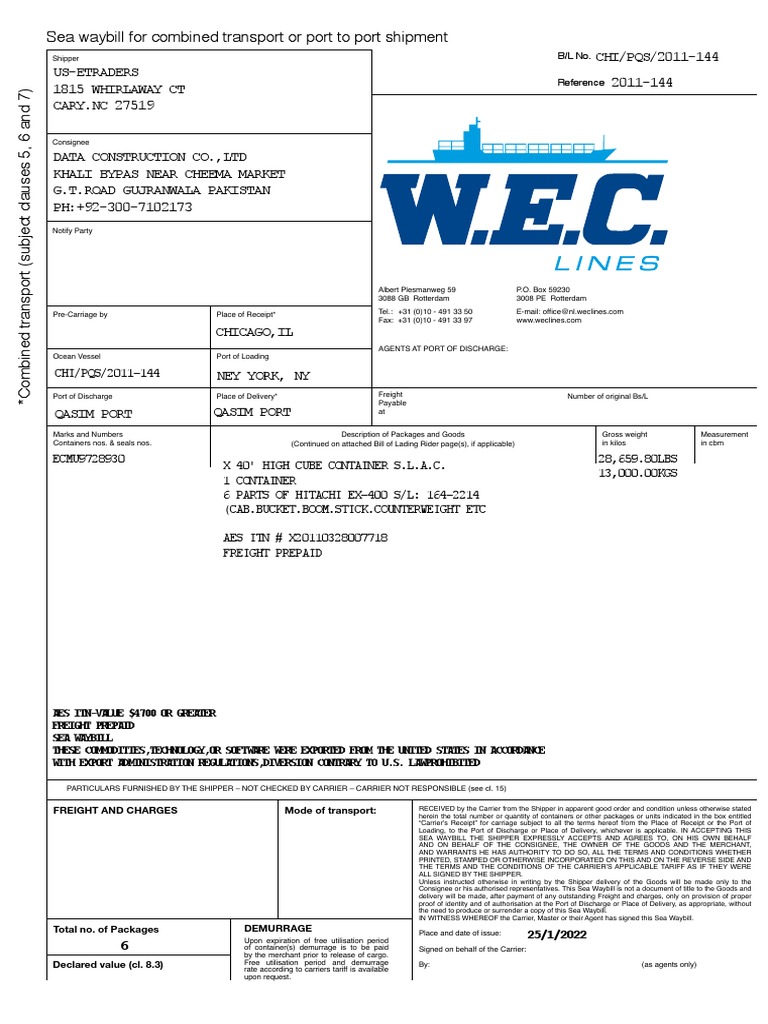 Sea Waybill for Shipping Agents | PDF | Common Carrier | Bill Of Lading