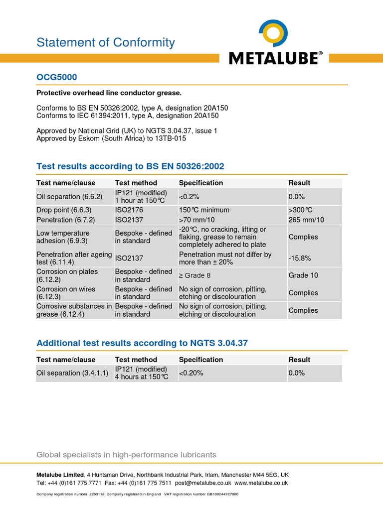 Metalube Oil Conformity Statement | PDF | Hydrochloric Acid | Materials