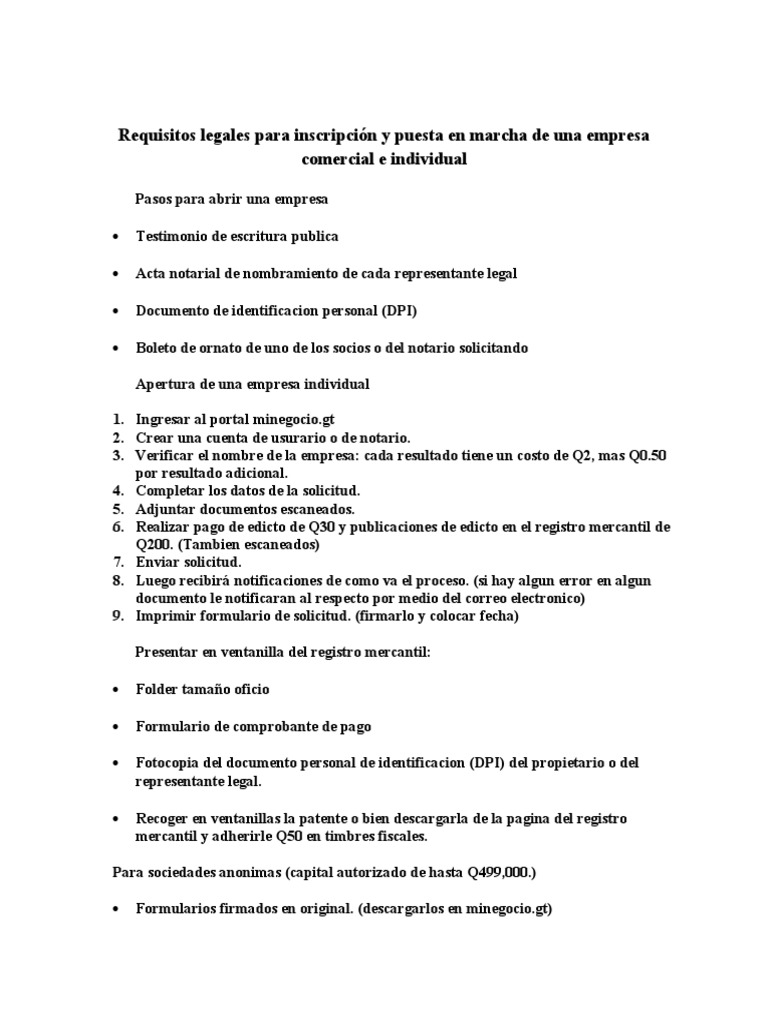 Requisitos Legales para Inscripción y Puesta en Marcha de Una Empresa Comercial e Individual ...