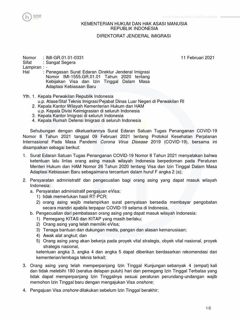 Surat Direktur Jenderal Imigrasi Nomor Imi GR 01 01 0331 Tahun 2021 | PDF