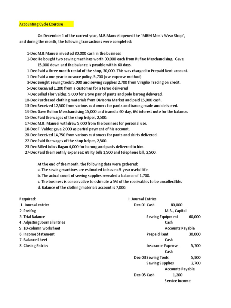 Accounting Cycle Exercise Answer | PDF | Expense | Balance Sheet