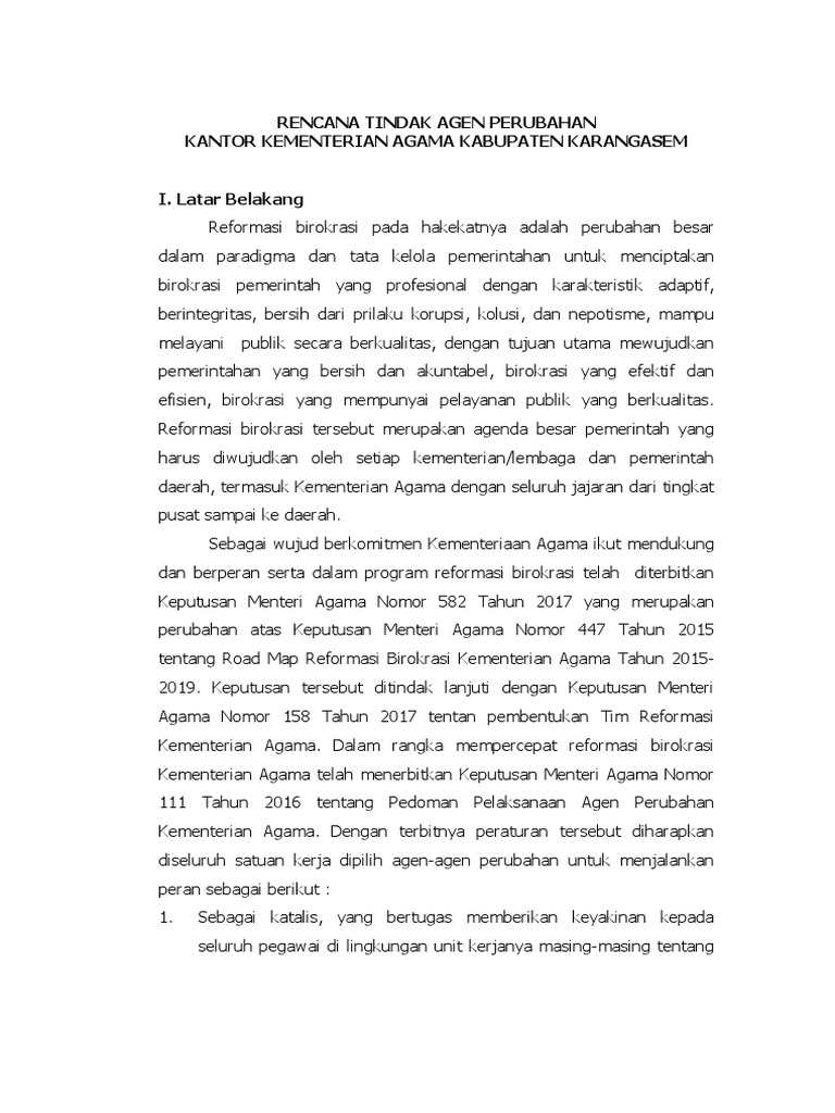 Rencana Tindak Agen Perubahan Tahun 2018 I Wayan Lipur Pdf