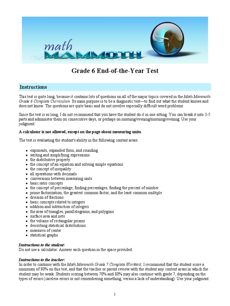 Grade 6 End-of-the-Year Test: Instructions | Download Free PDF | Area ...