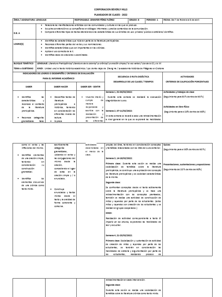 Plan De Clases Octavo Grado Pdf