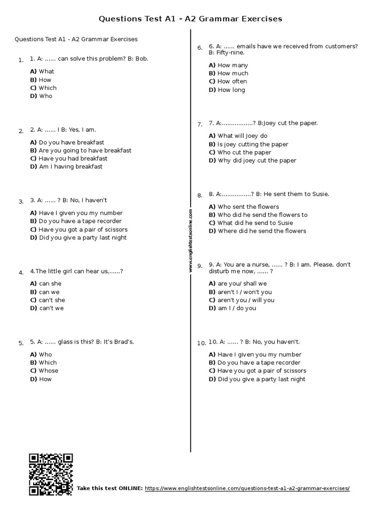 460 Questions Test A1 A2 Grammar Exercises | PDF