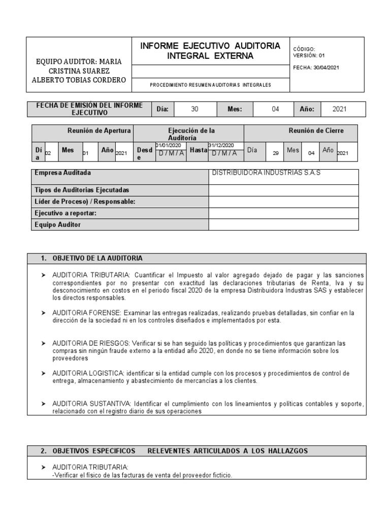 Formato Informe de Auditoria Integral Final Eje | PDF | Auditoría | Contabilidad