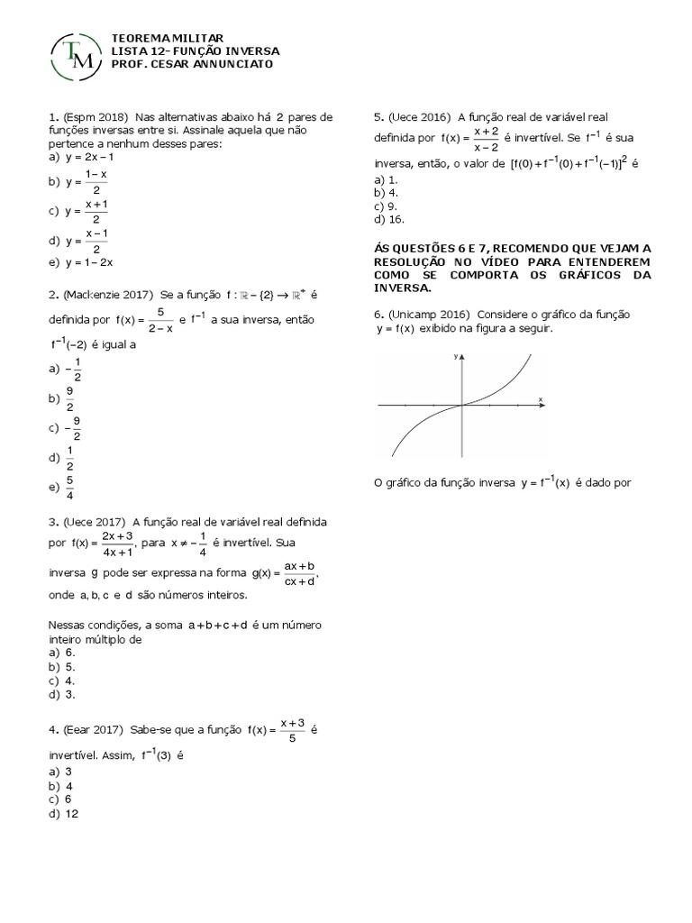 Funções inversas: resolução de exercícios | PDF | Função (Matemática ...
