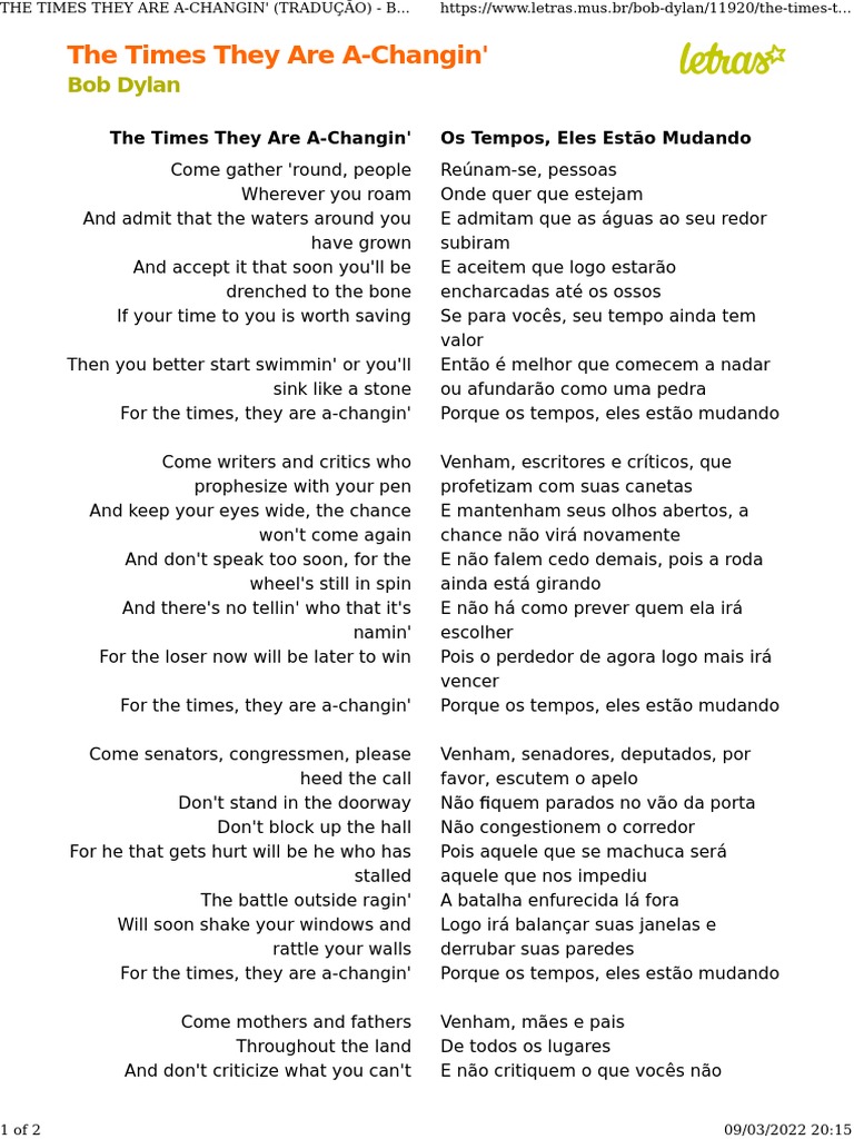 THE TIMES THEY ARE A-CHANGIN' (TRADUÇÃO) - Bob Dylan (Impressão) | PDF