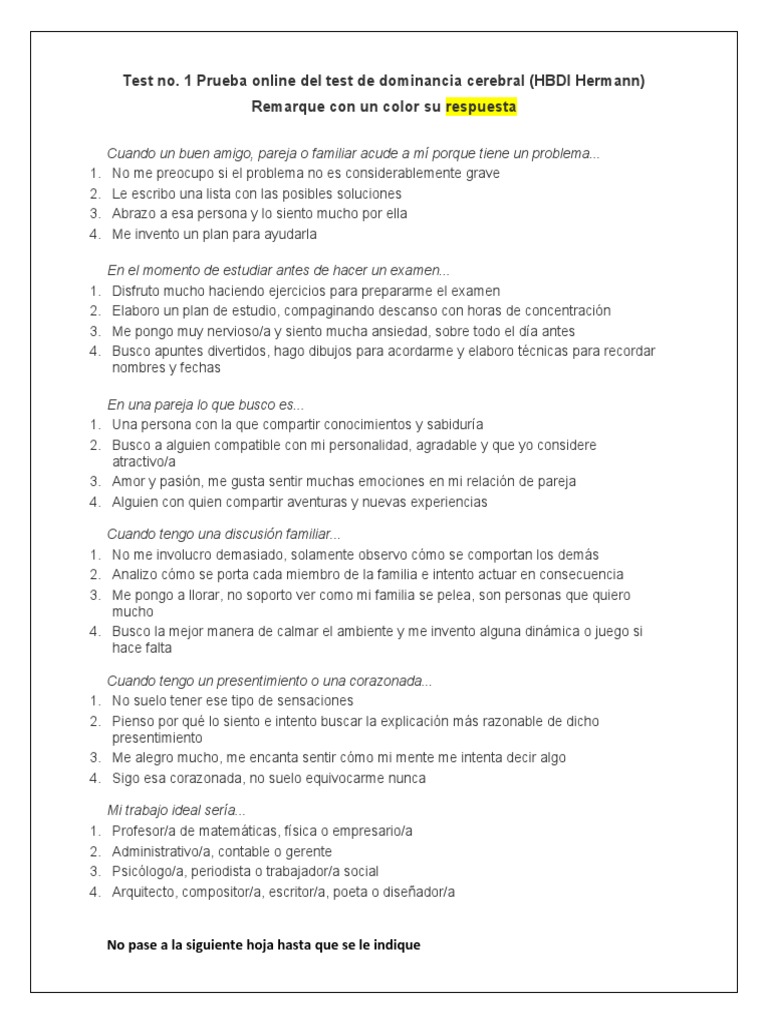 Test Hermann Online | Descargar gratis PDF | Las emociones | Cerebro