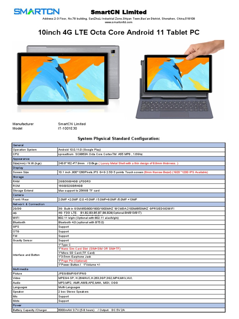 1001E30 10inch SC9863A Octa Core 4G LTE Android Tablet From SmartCN ...