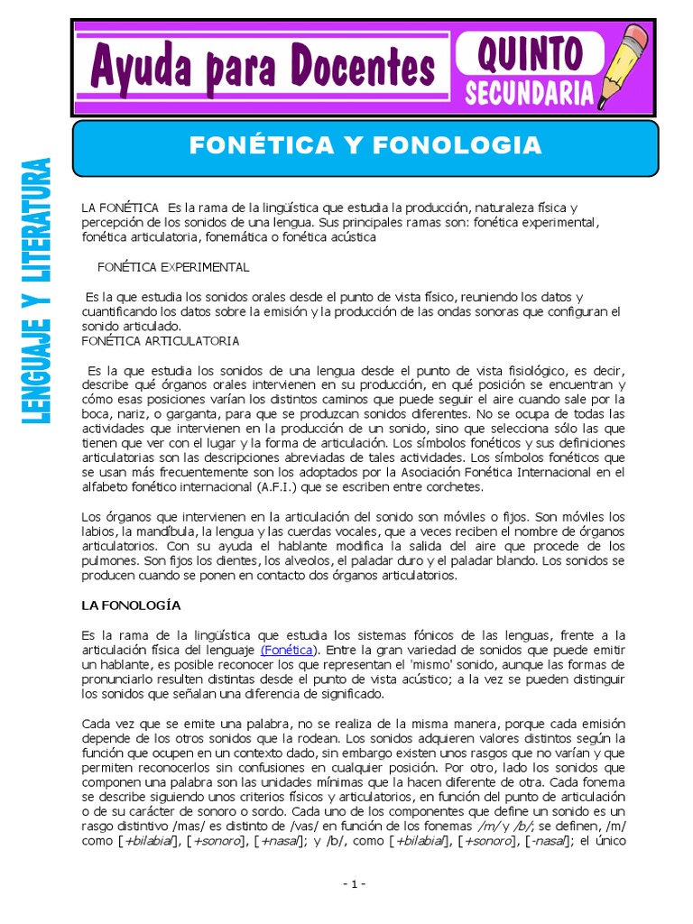 Fonetica y La Fonologia para Quinto de Secundaria | PDF | Fonética ...