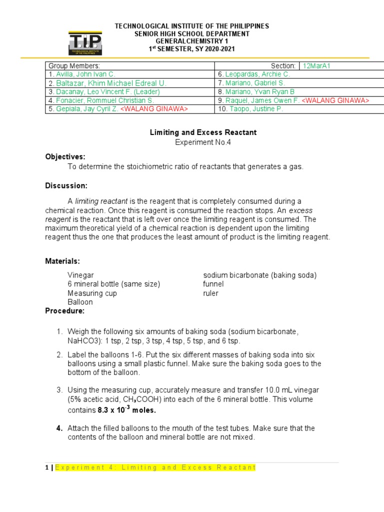 Limiting and Excess Reactants Experiment | PDF | Sodium Bicarbonate ...