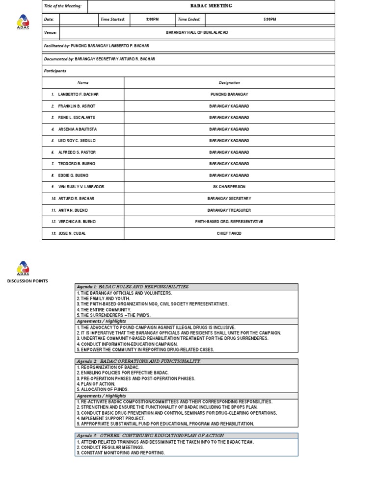 BADAC Meeting Minutes - Bunlalacao | PDF | Public Sphere | Government