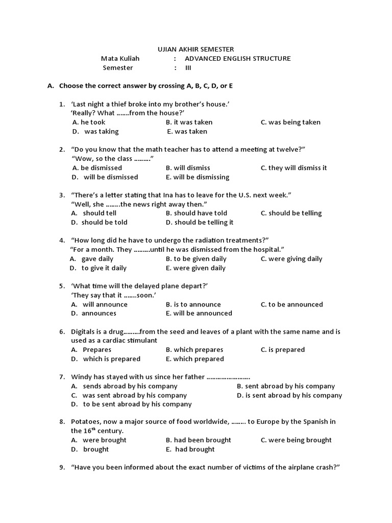Final Semester Exam for Advanced English Structure | PDF