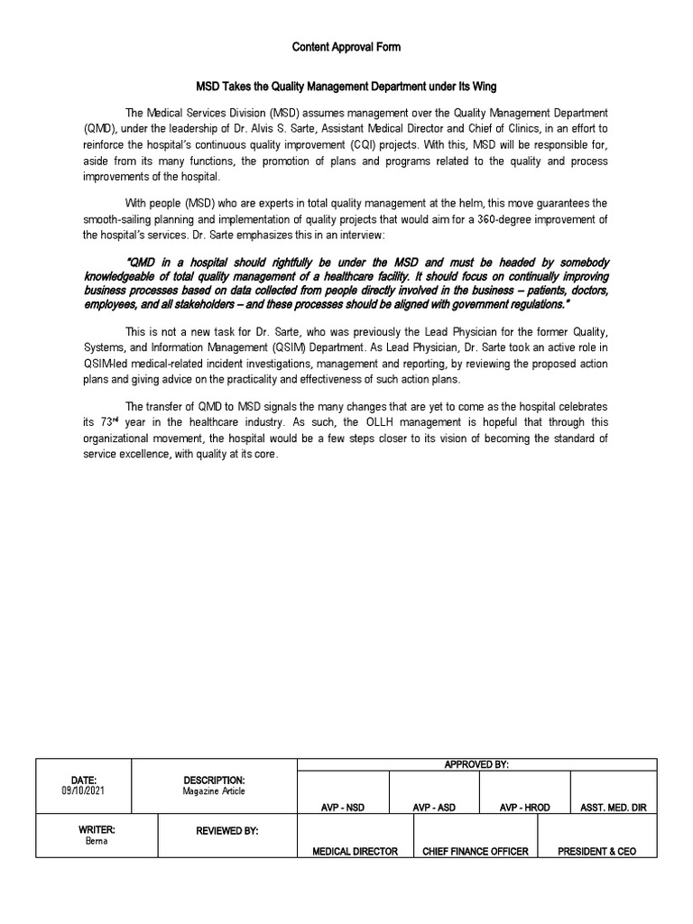 Content Approval Form - MSD Takes The Quality Management Department ...