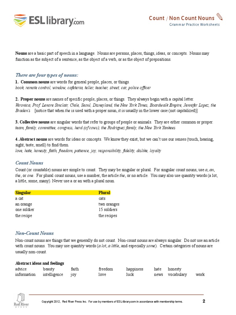 Count and Noncount Nouns - Exercises 3-1-4 | PDF | Noun | Grammatical ...