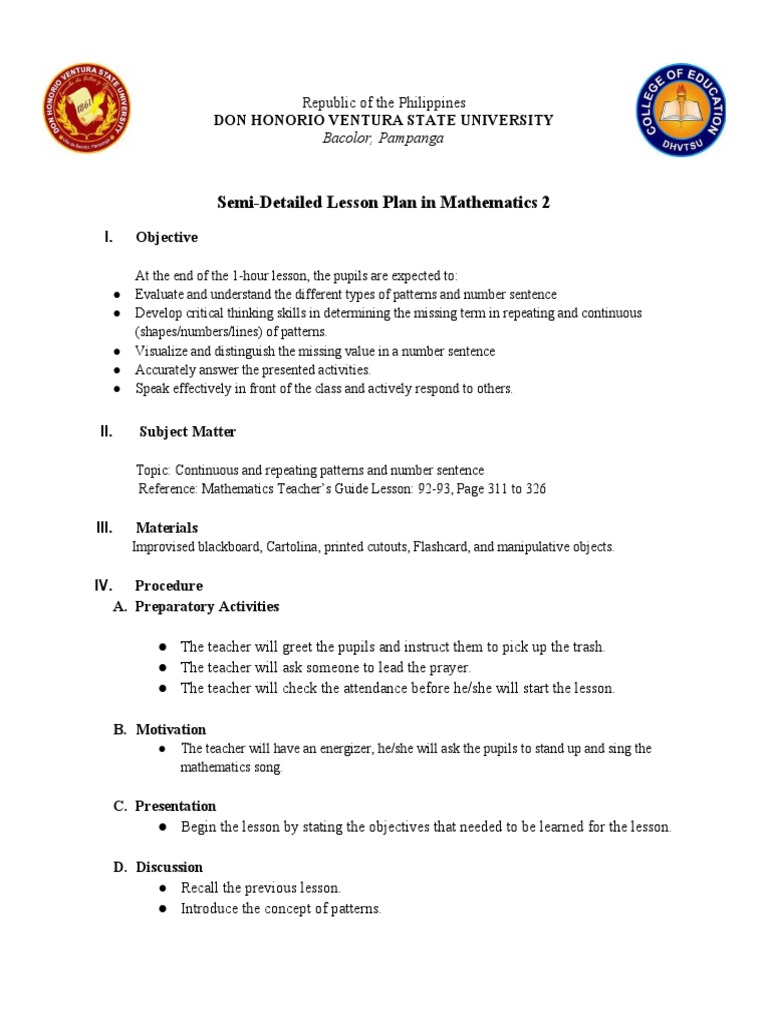 Semi-Detailed Lesson Plan in Mathematics 2: Don Honorio Ventura State ...
