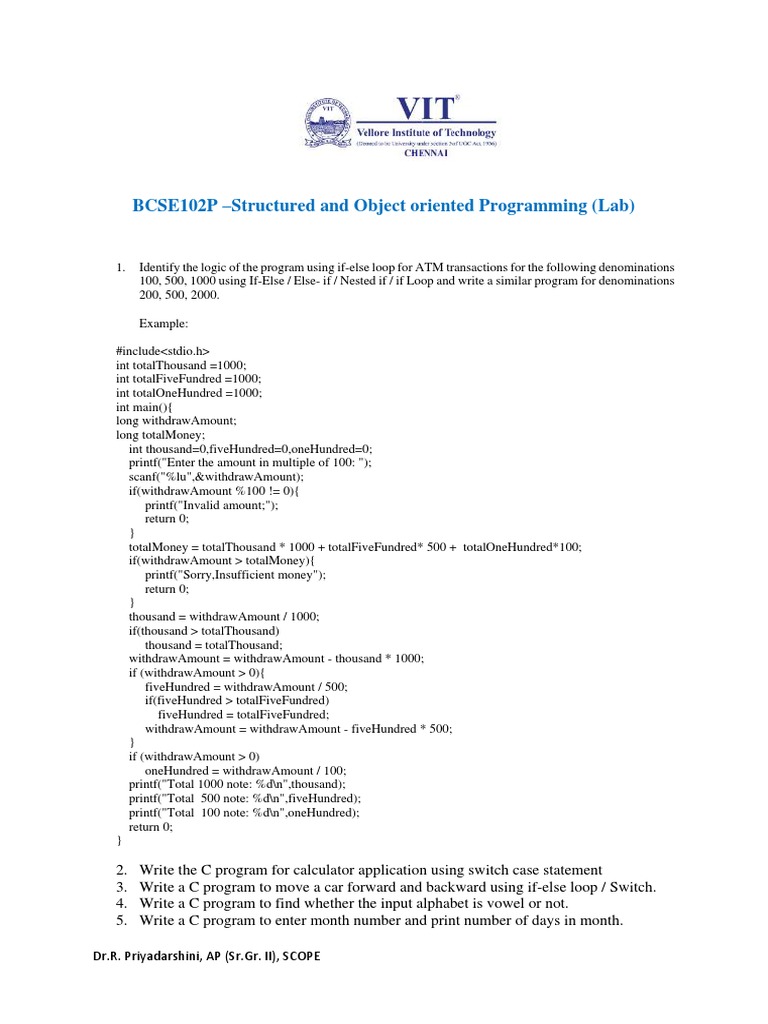 BCSE102P - Structured and Object Oriented Programming (Lab) : Dr.R. Priyadarshini, AP (SR - Gr ...