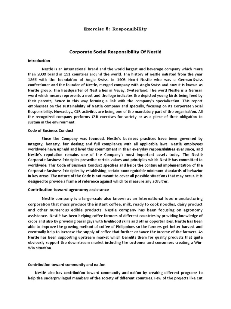 Corporate Social Responsibility of Nestlé | PDF | Nestlé | Corporate ...