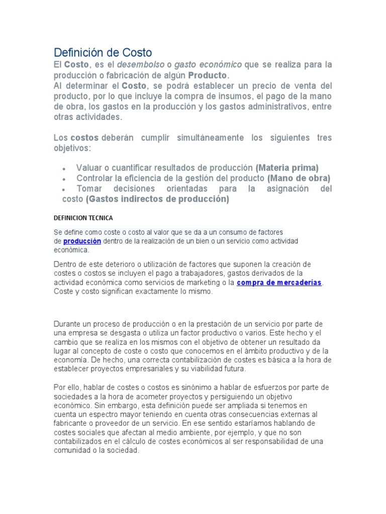 Definición de Costo | PDF | Costo | Business