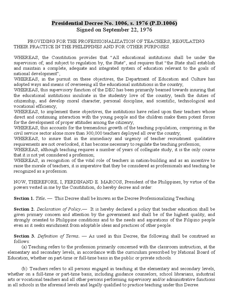 Presidential Decree No. 1006, S. 1976 (P.D.1006) : Signed On September ...