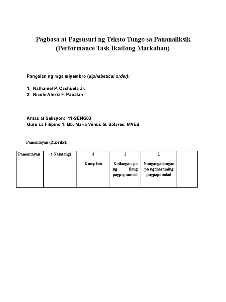 Pagbasa - Midterm PETA | PDF