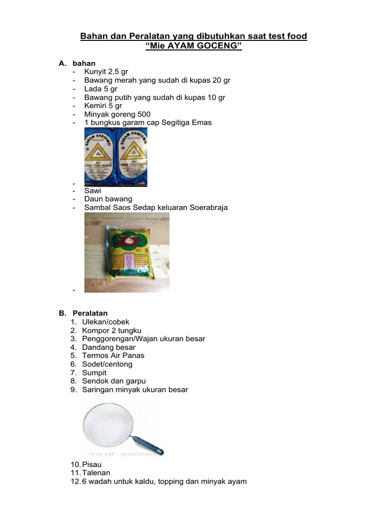 Persiapan Test Food Mie Ayam | PDF