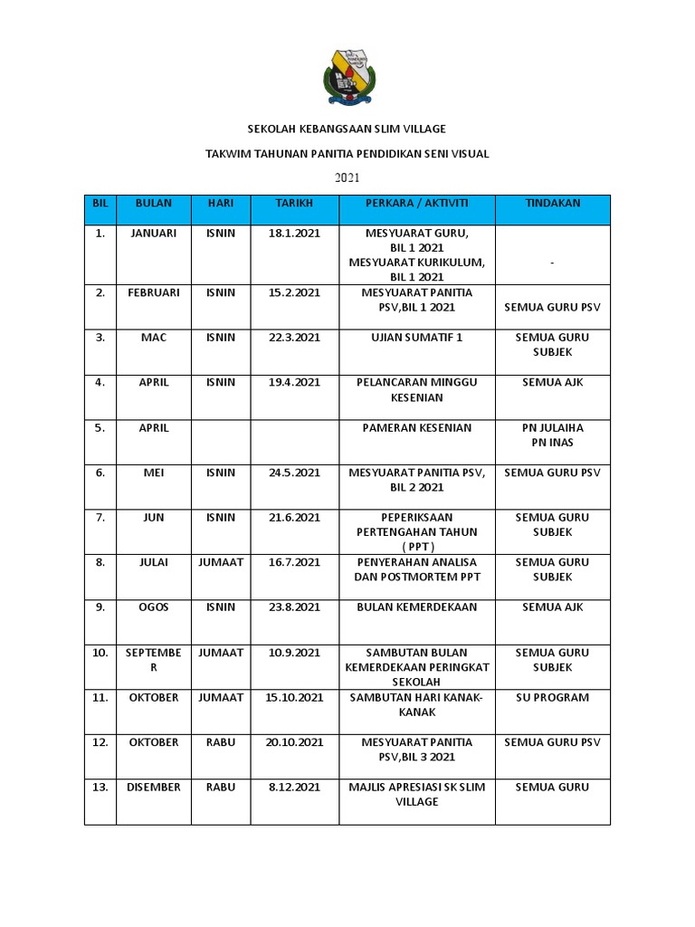 Takwim Tahunan Panitia BM 2021 | PDF