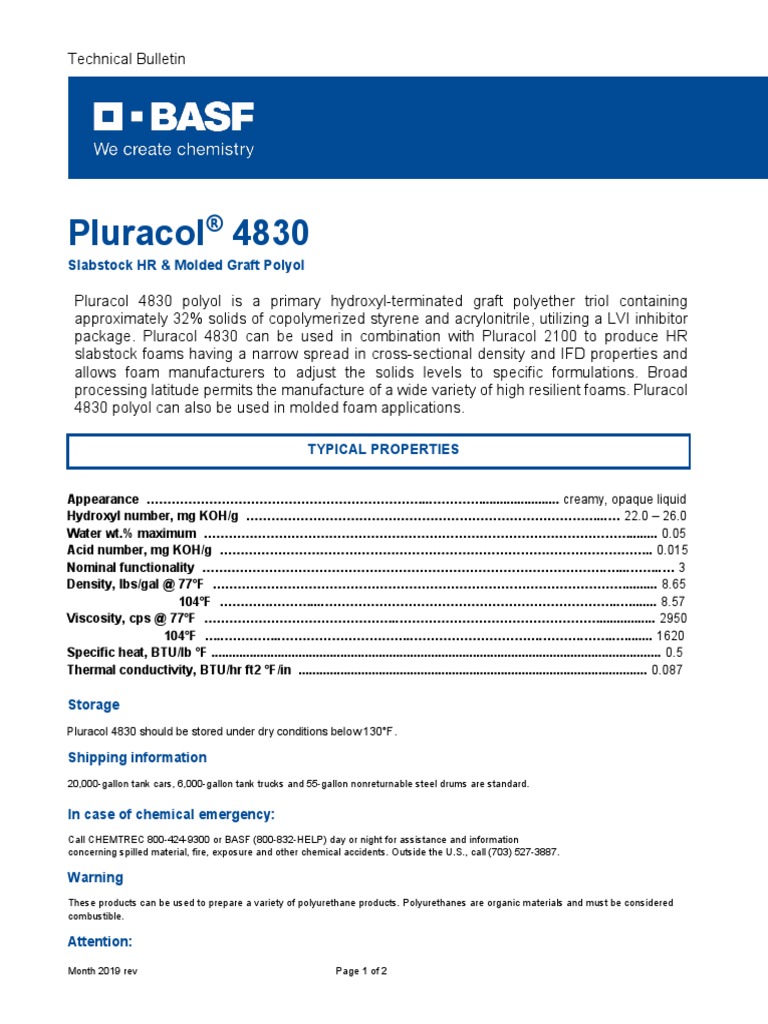Pluracol 4830: Slabstock HR & Molded Graft Polyol | PDF | Polyurethane ...