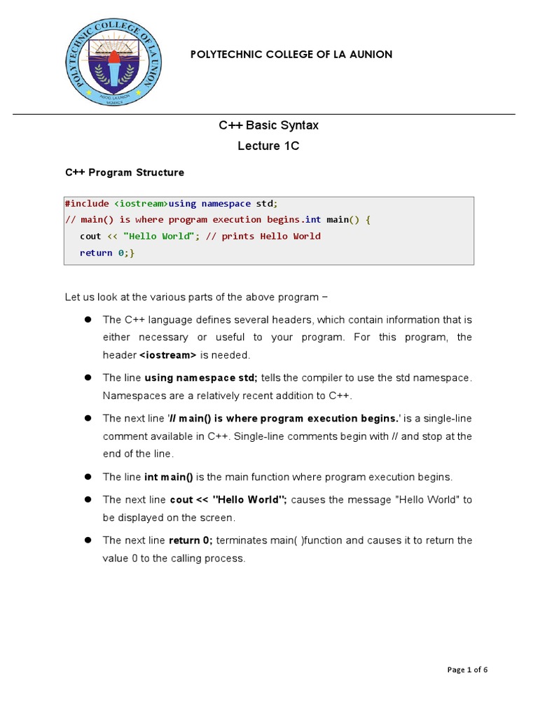 C++ Basic Syntax Lecture 1C: Using Namespace Int Return | PDF | C++ | Namespace