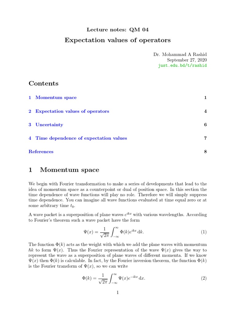 Expectation Values of Operators: Lecture Notes: QM 04 | PDF | Fourier ... Expectation Values of Operators: Lecture Notes: QM 04 | PDF | Fourier ...