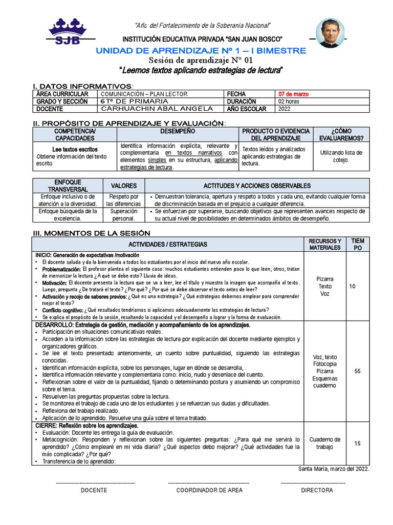 Sesión de Aprendizaje - PLAN LECTOR | PDF | Evaluación | Aprendizaje