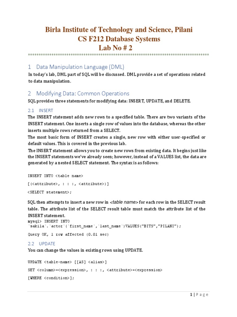 Birla Institute of Technology and Science, Pilani CS F212 Database Systems Lab No # 2 | PDF ...